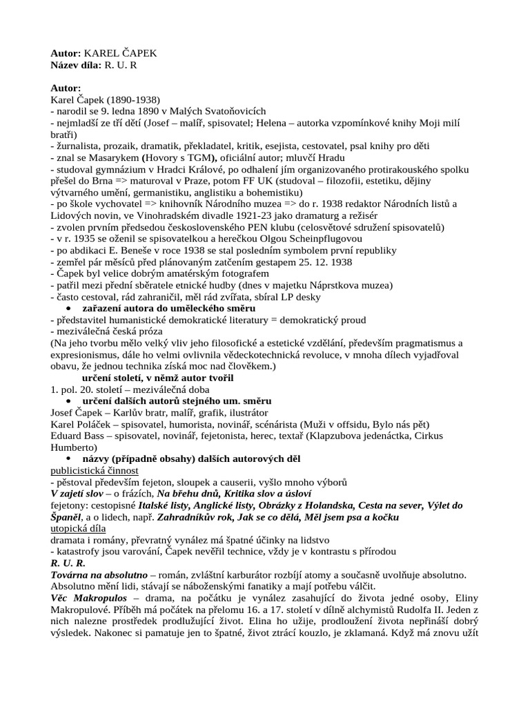 Sem. - Capek R. U. R. | PDF