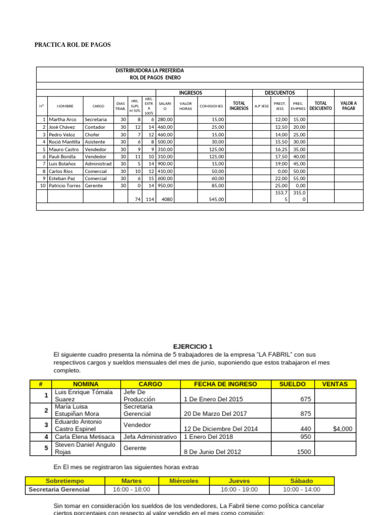 Ejercicios Practicos Rol de Pagos | PDF