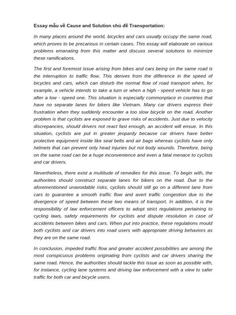 Essay mẫu về Cause and Solution chủ đề Transportation | PDF | Energy ...