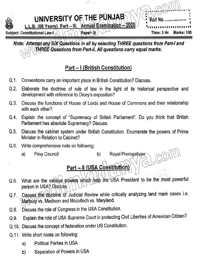 Past Paper LLB Part 3 For 5 Year Program Punjab University ...