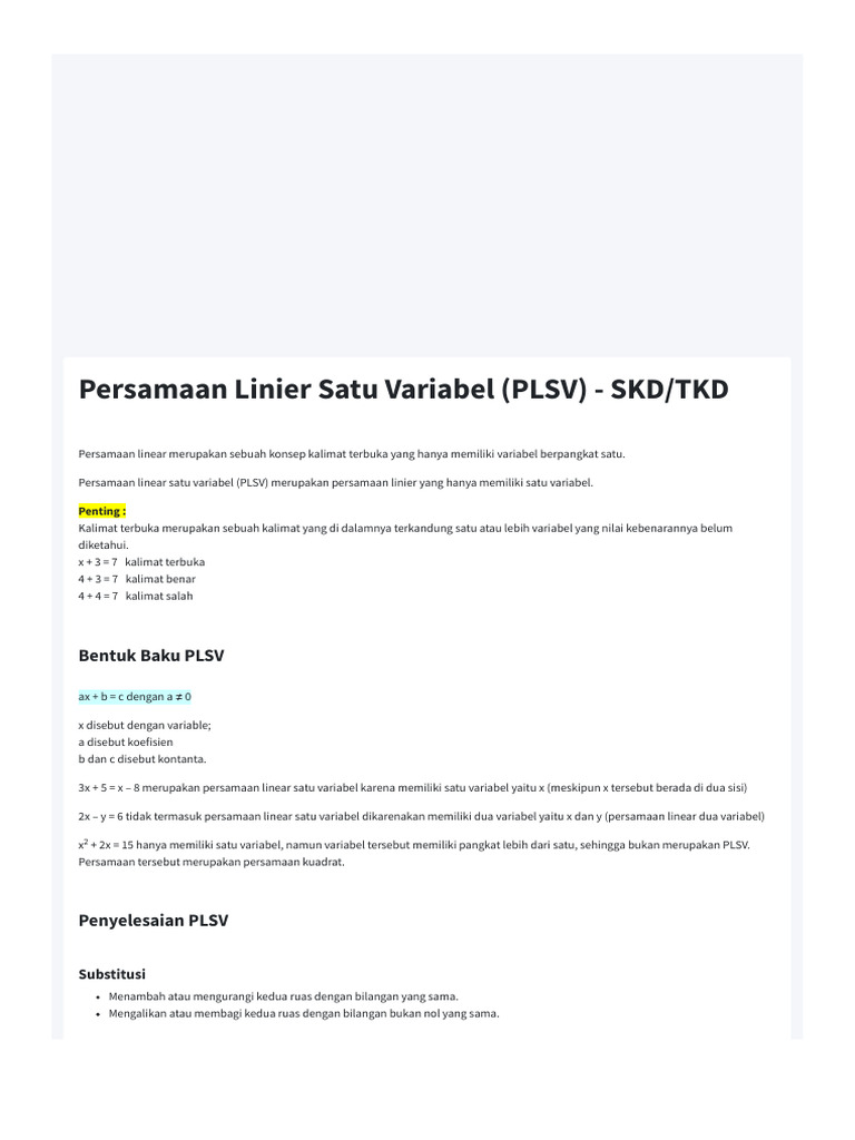 Persamaan Linier Satu Variabel (PLSV) - SKD | PDF