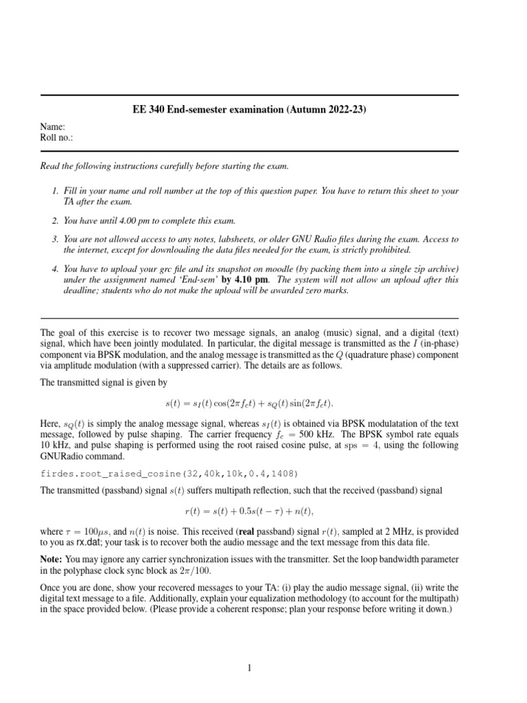 EE340 Autumn22 EndSem | PDF | Modulation | Information And Communications Technology