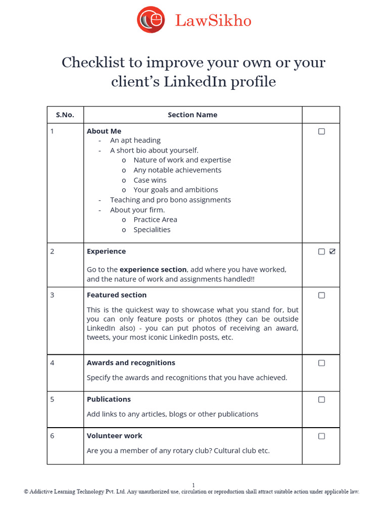 Checklist To Improve Your Own or Your Client's LinkedIn Profile | PDF ...