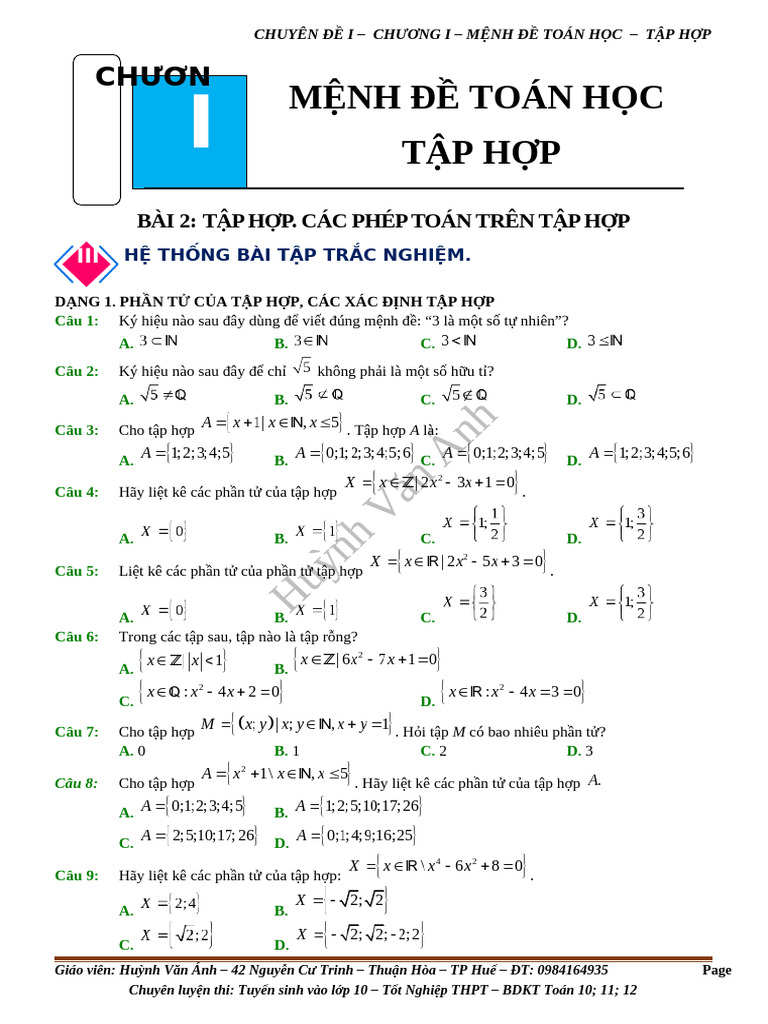001.02.2 - Toan 10 - B2 - C1 - Tap Hop Cac Phep Toan Tren Tap Hop - Trac Nghiem - de - TR50 | PDF