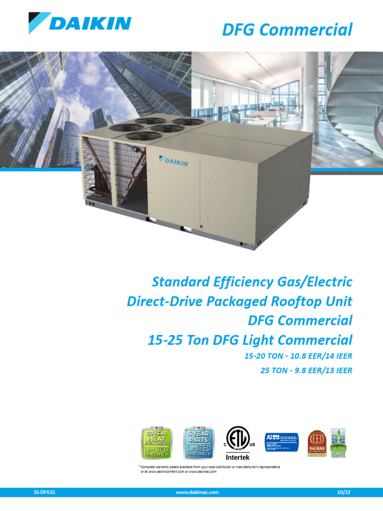 Daikin DFG 15-25 Tons Spec Sheet | PDF | Heat Exchanger | Air Conditioning
