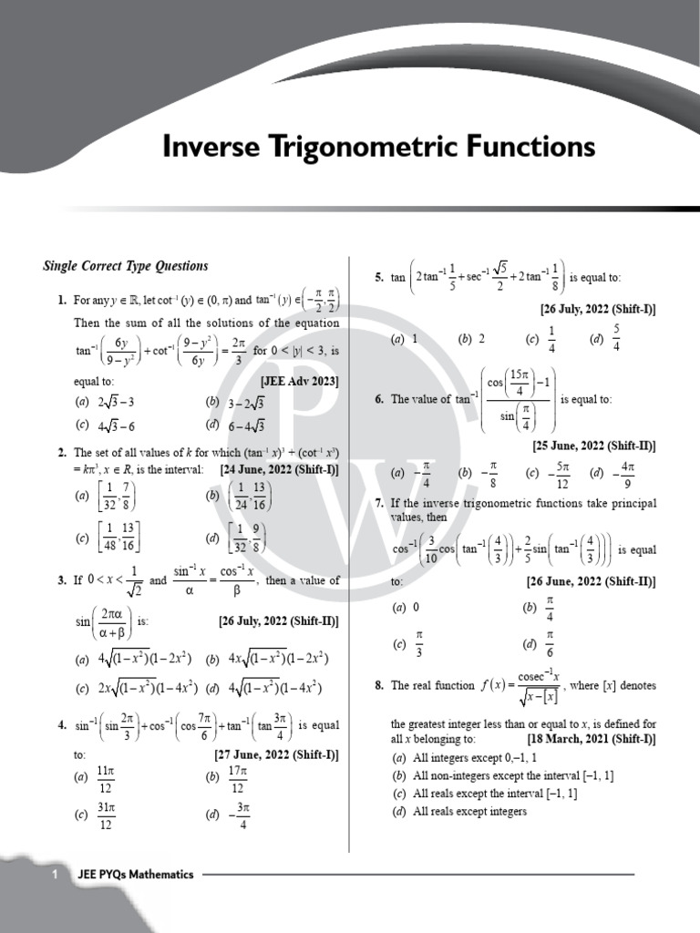 Inverse Trigonometric Functions - PYQ Practice Sheet | PDF | Trigonometric Functions | Function ...