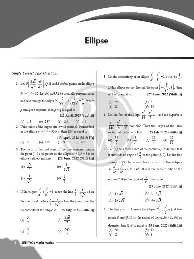 Ellipse - PYQ Practice Sheet | PDF | Ellipse | Perpendicular