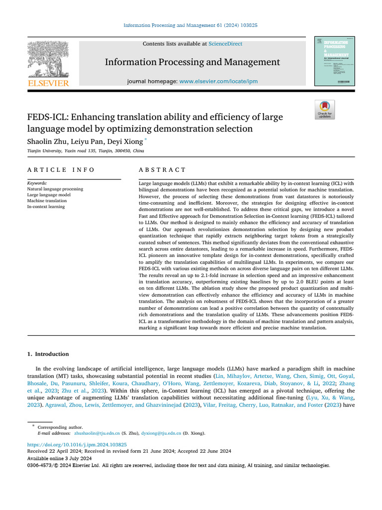 Zhu 等 - 2024 - FEDS-ICL Enhancing Translation Ability and Effici | PDF ...