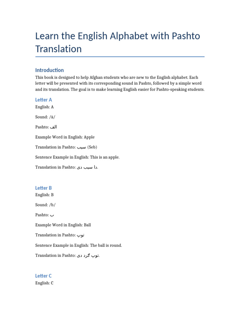 English-Pashto Alphabet Guide | PDF | English Language | Languages