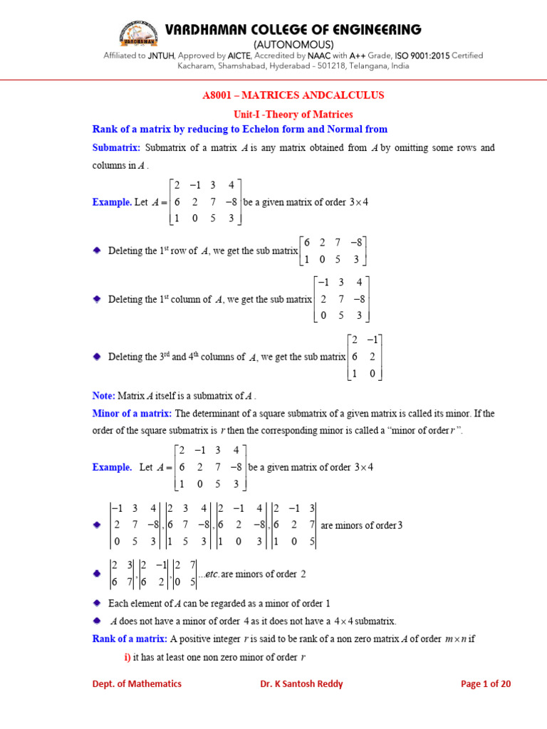 Unit-I A8001 (MAC) Handout (Theory of Matrices) | PDF | Matrix (Mathematics) | System Of Linear ...