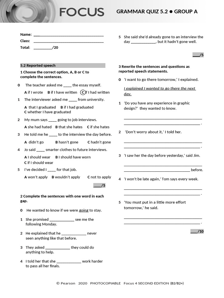 Focus4 2E Grammar Quiz Unit5 2 GroupA | PDF