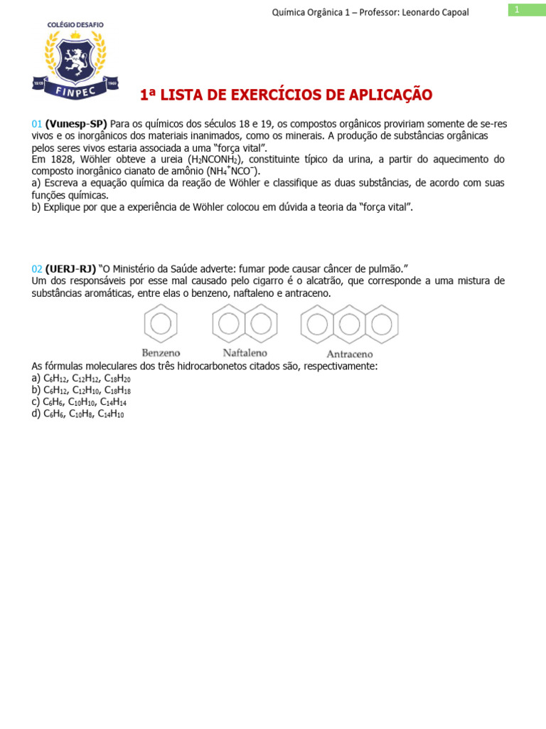 1º Lista de Exercicios Quimica Organica | PDF | Compostos orgânicos | Química Orgânica