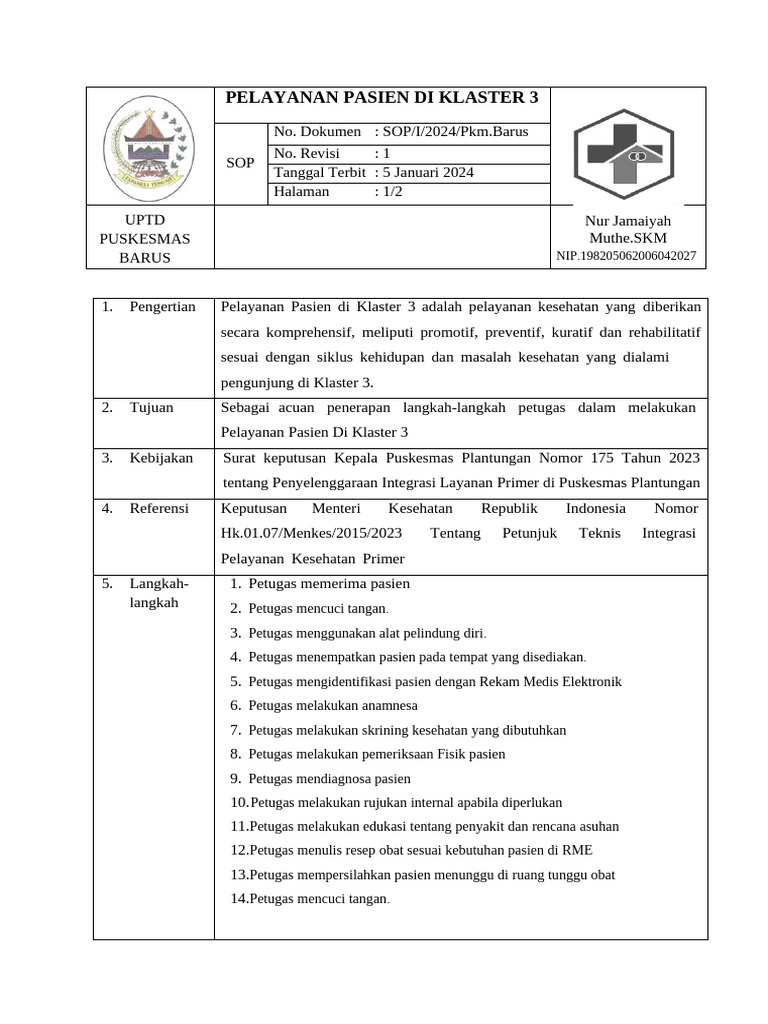 Sop Pelayanan Klaster 3 Kak Rini | PDF