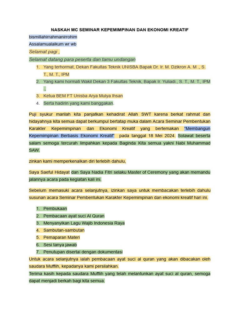Naskah MC Seminar Kepemimpinan Dan Ekonomi Kreatif | PDF