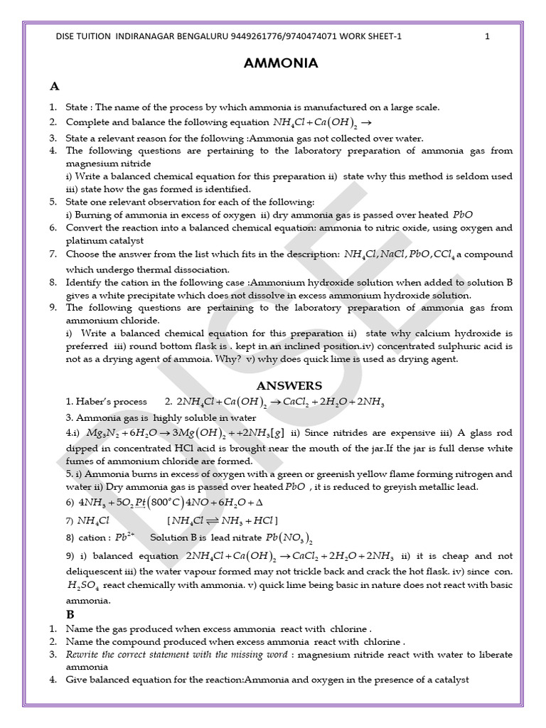 Icse X 24 Ammonia. Work Sheet-1. | PDF | Ammonia | Aluminium