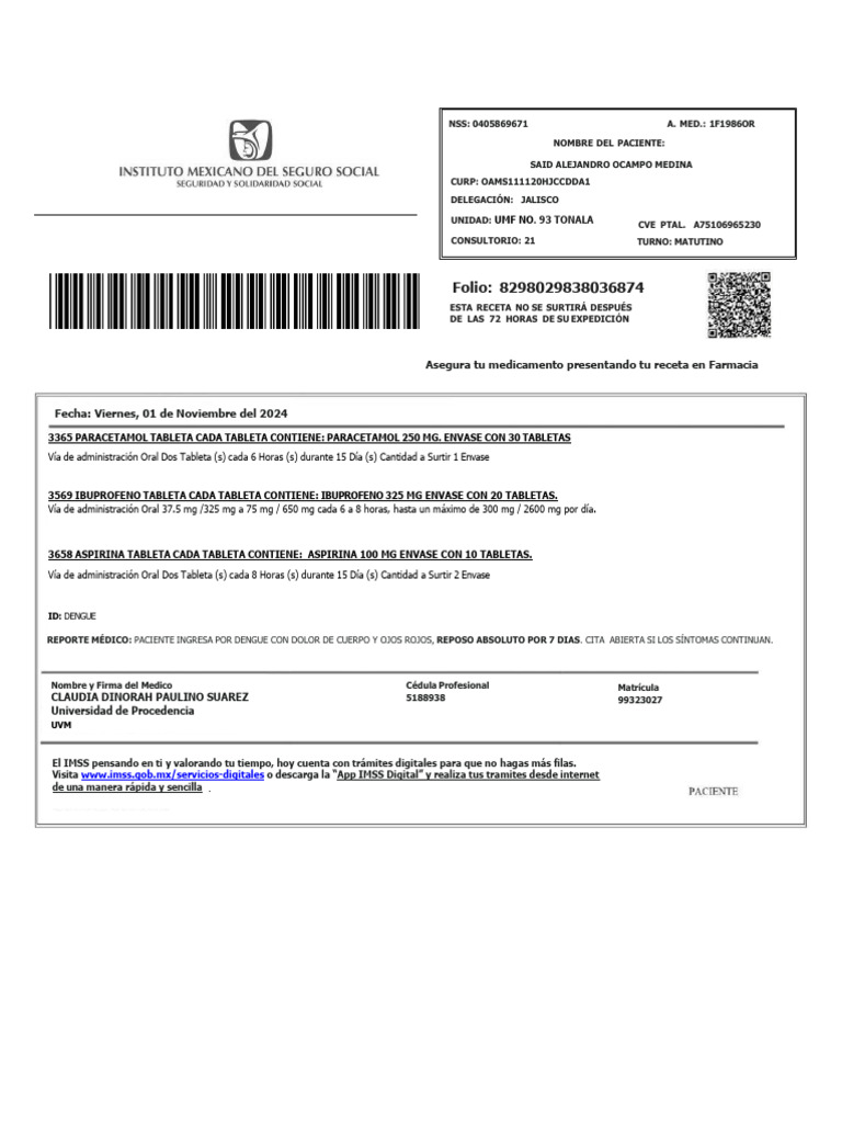 Receta Dengue | PDF | Medicina | Especialidades Medicas