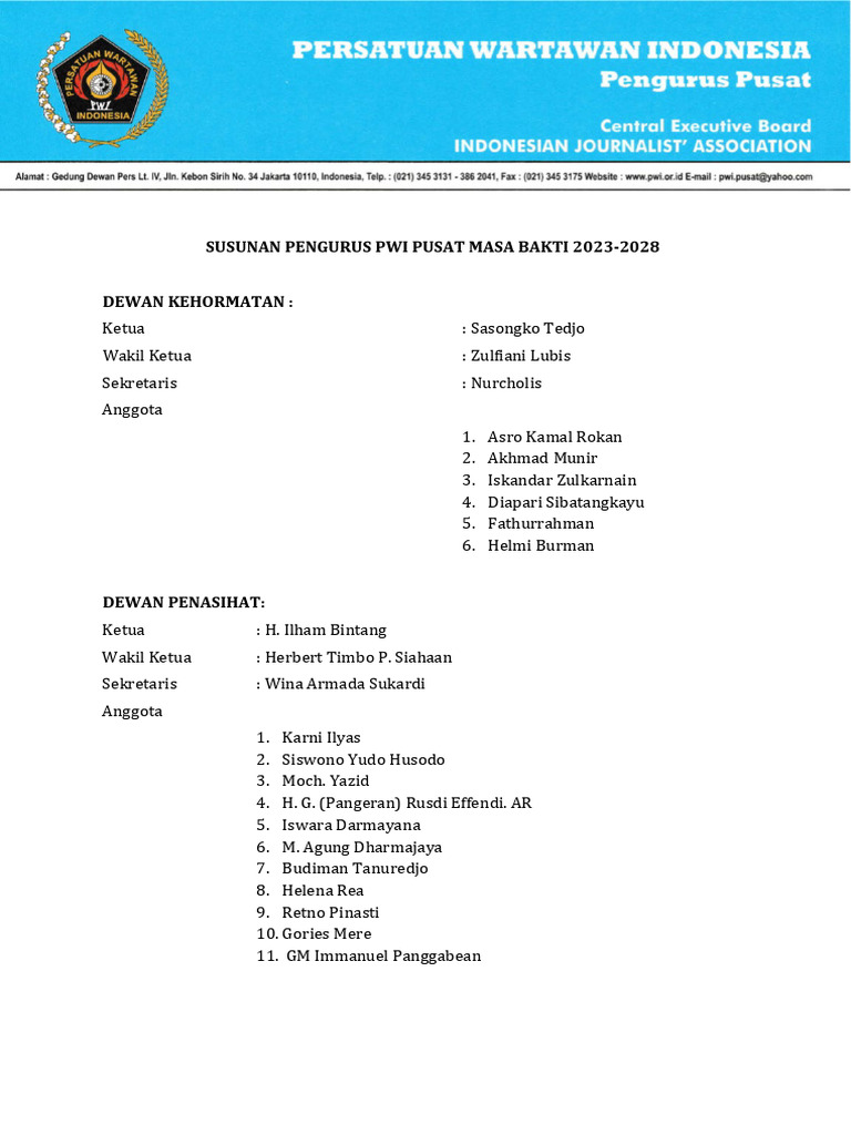 Lampiran - SUSUNAN PENGURUS PWI PUSAT MASA BAKTI 2023-2028 | PDF