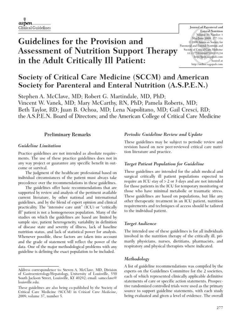 J Parenter Enteral Nutr - 2009 - McClave - Guidelines For The Provision ...