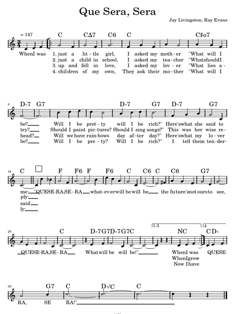Que Sera, Sera Lyrics and Sheet Music | PDF