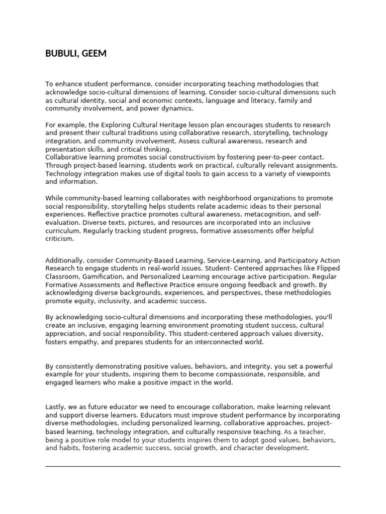 Bubuli, Geem Essay Educ - 104 | PDF | Reflective Practice | Learning