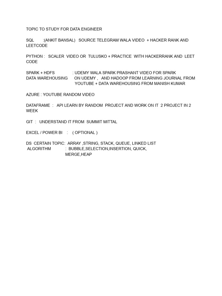 Essential Data Engineer Study Topics | PDF