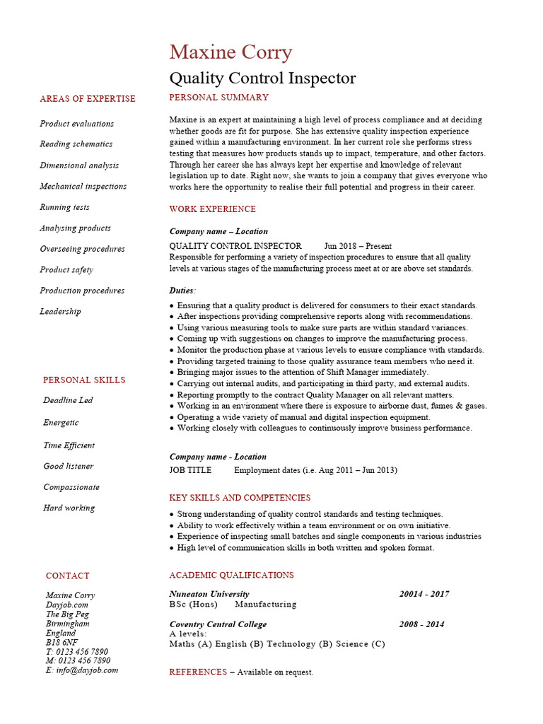 Quality Control Inspector CV Template | PDF | Audit | Quality Assurance