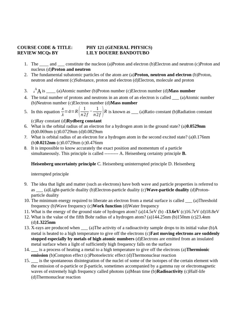 Phy 121, Ids 121, GST 121,124, CHM 121, GST 102, Bot 121 | PDF | Capacitor | Atoms