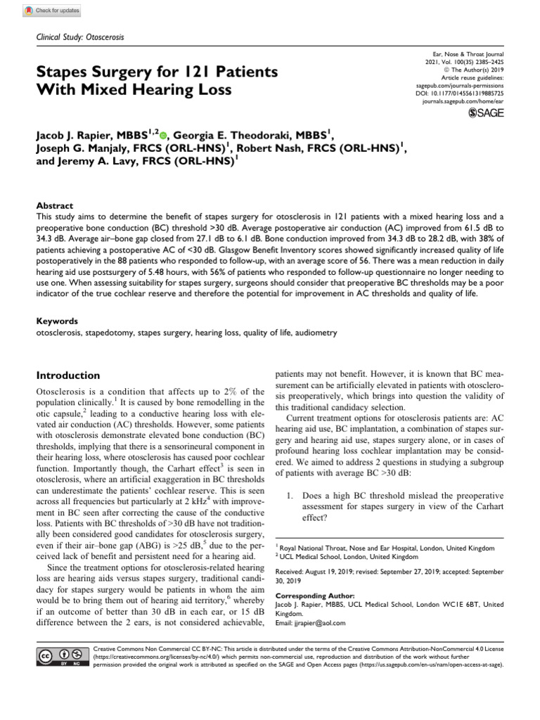 Rapier Et Al 2019 Stapes Surgery For 121 Patients With Mixed Hearing ...