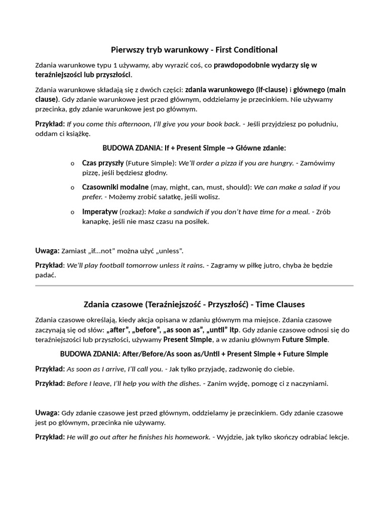 Pierwszy Tryb Warunkowy + Zdania Czasowe | PDF