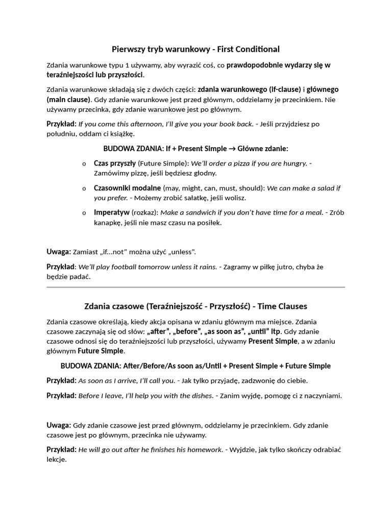 Pierwszy Tryb Warunkowy I Zdania Czasowe | PDF