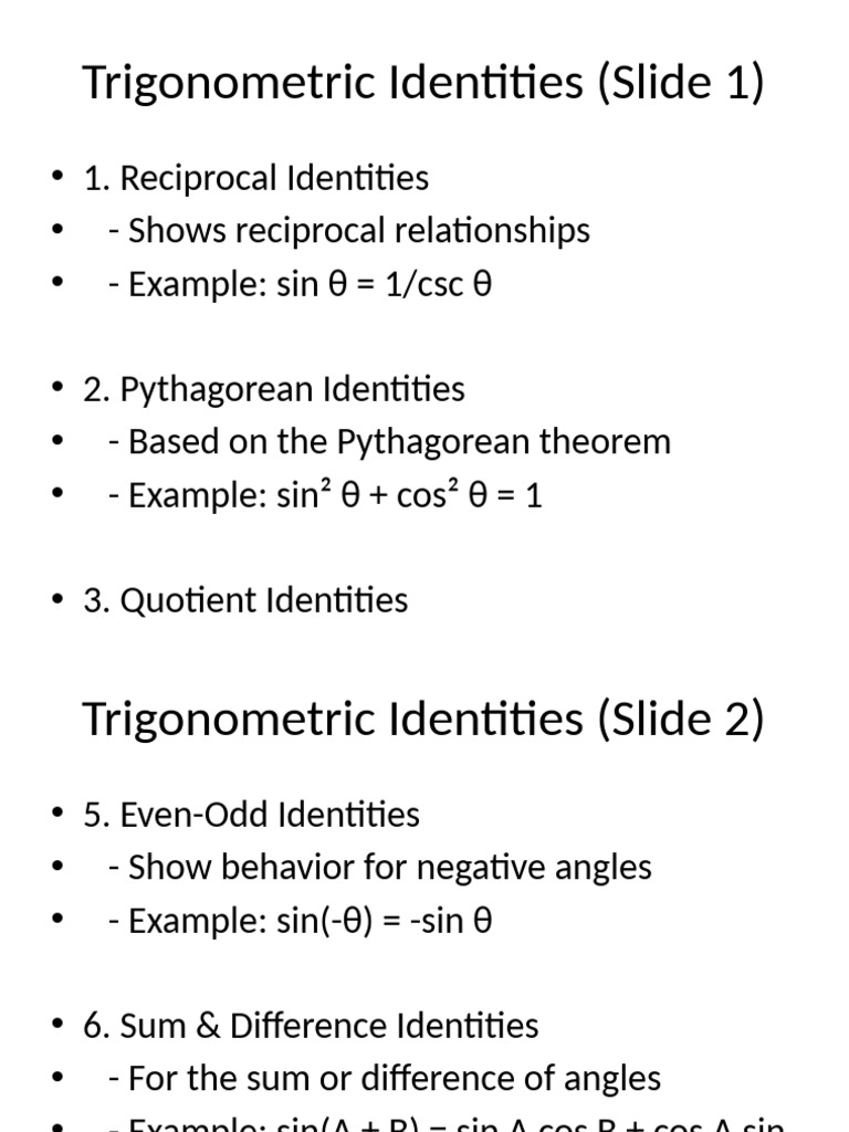 Trigonometric Identities Summary | PDF