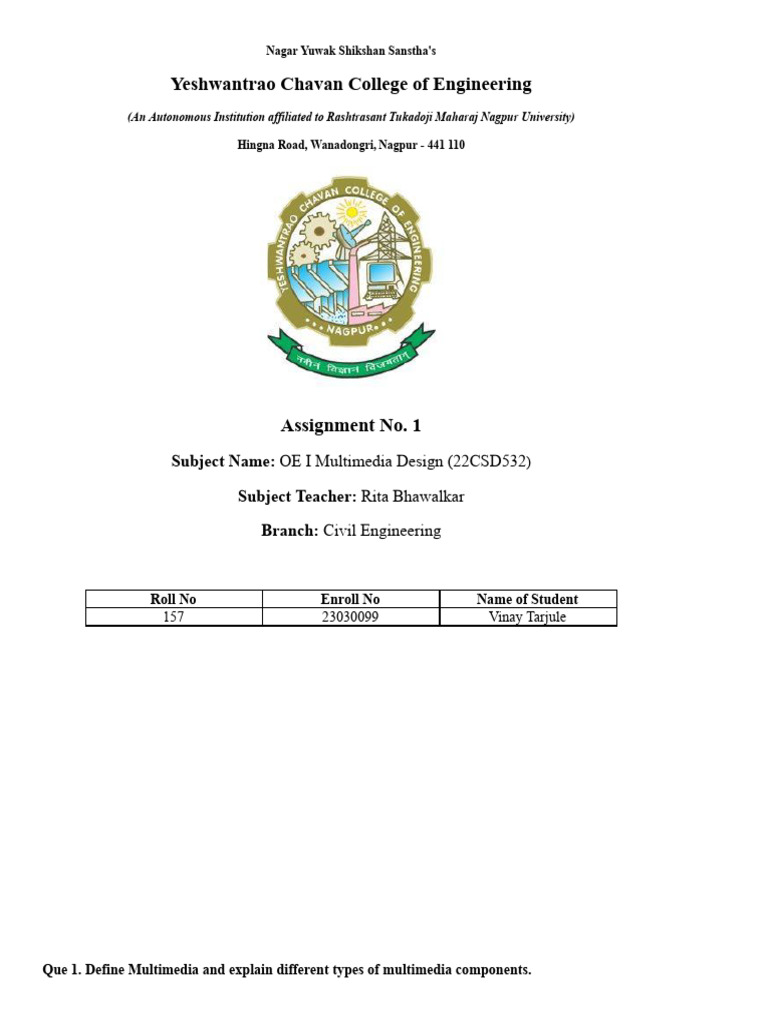 Yeshwantrao Chavan College of Engineering: Subject Name: Subject ...
