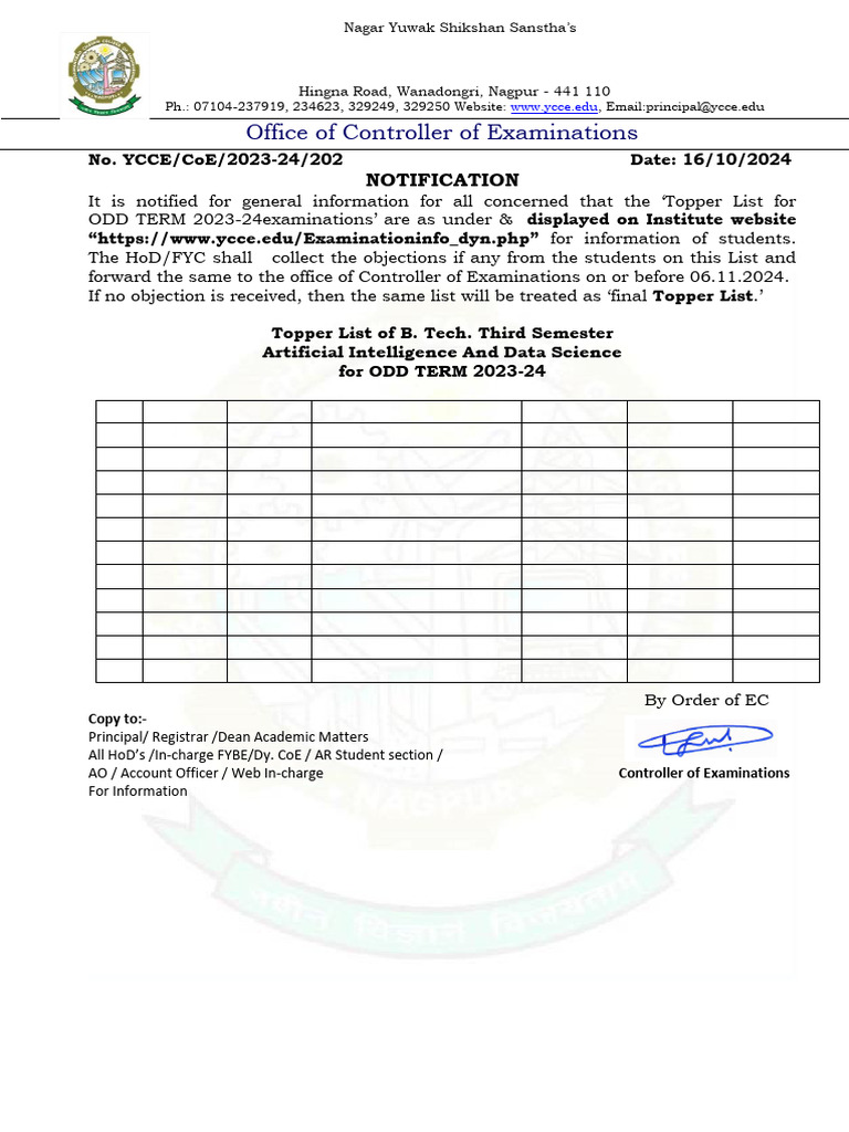2.13 Topper Notification Odd Term 2023 24 Sem 3 B Tech DT 16.10.2024 | PDF | Computing ...