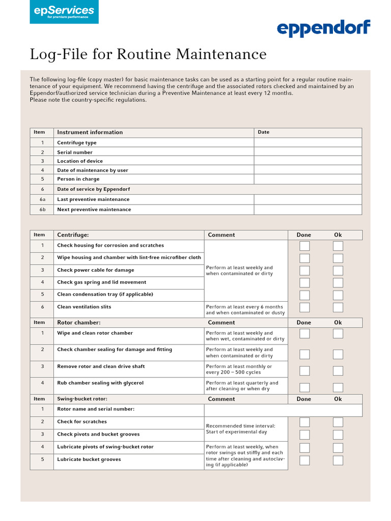 Centrifuge Routine Maintenance Log | PDF | Technology & Engineering