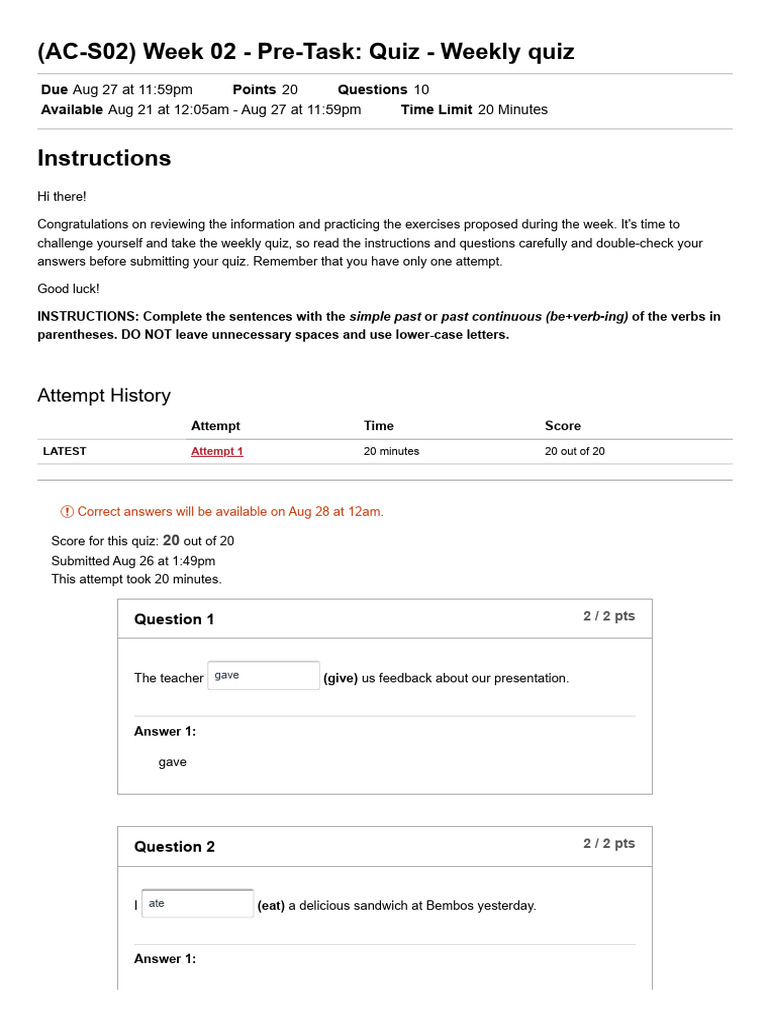 (AC-S02) Week 02 - Pre-Task - Quiz - Weekly Quiz - INGLES IV (33765) | PDF