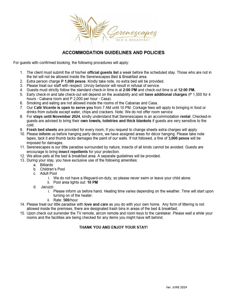 Serenescapes B&B Guest Policies | PDF
