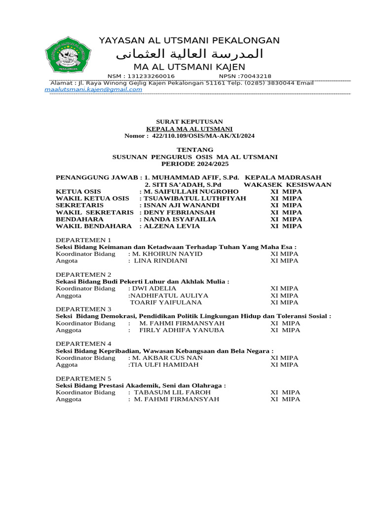 SK Pengurus Osis Ma Al Usmani | PDF
