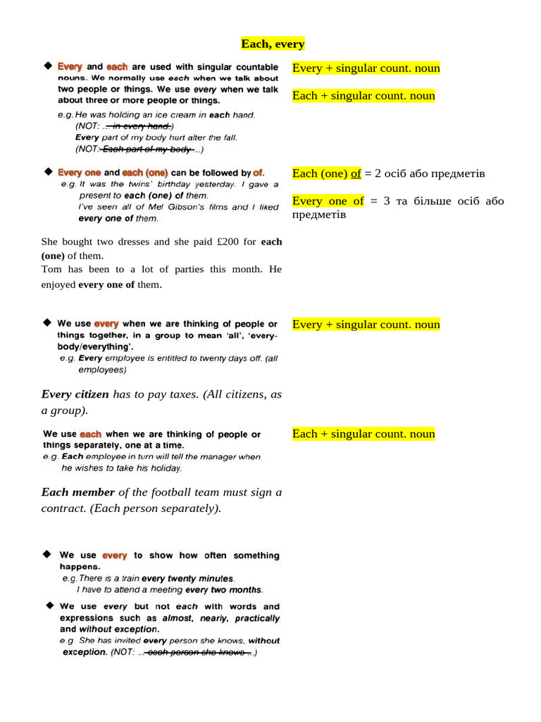 Exercises on Quantifiers: Each, Every, Both | PDF | Plural | Noun