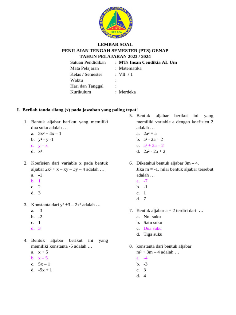 Soal + Jawaban PTS Genap Matematika Kelas 7 | PDF