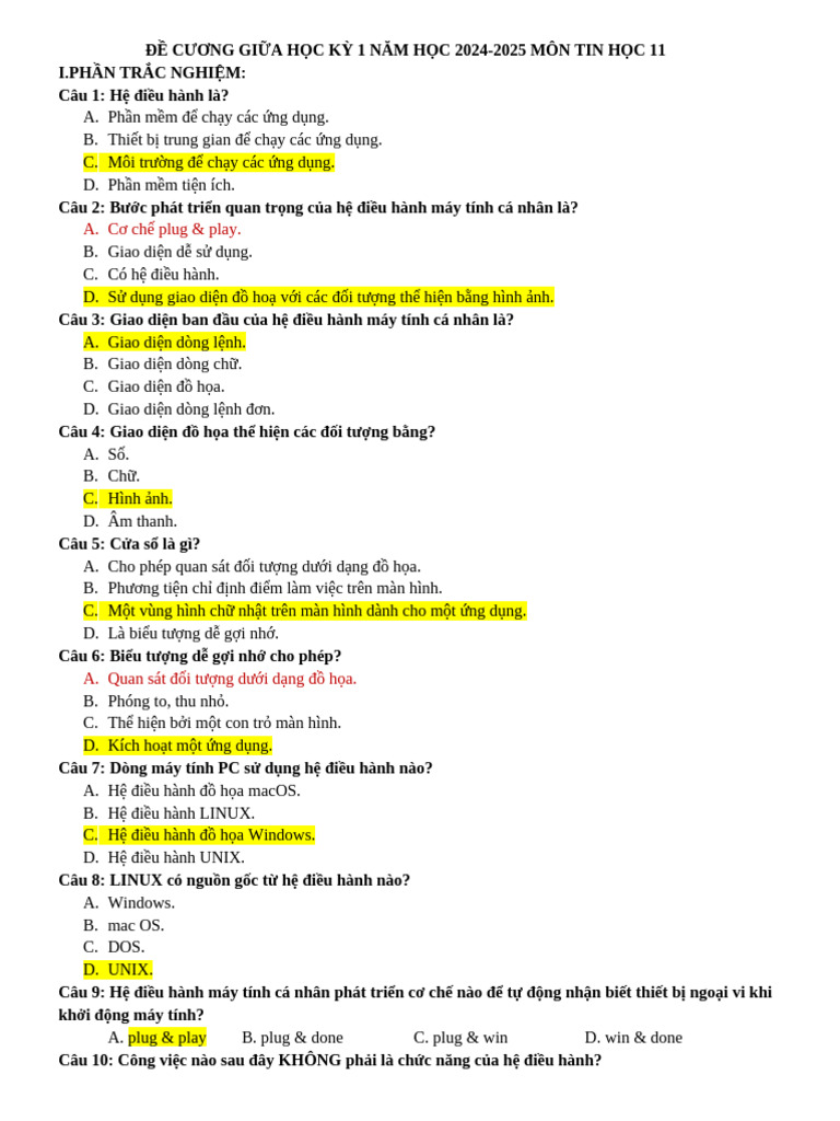 Đề cương Tin 11 - GK1 24 - 25 - 11B1 | PDF