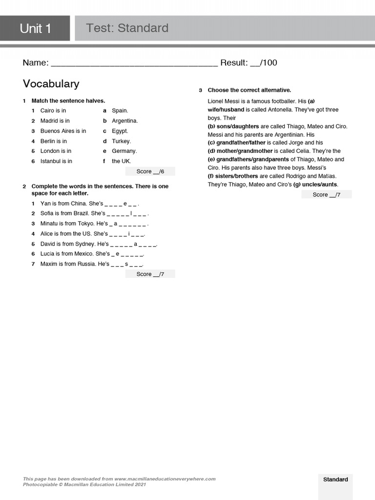 A1PLUS U1 Test Standard | PDF | English Language | Linguistics