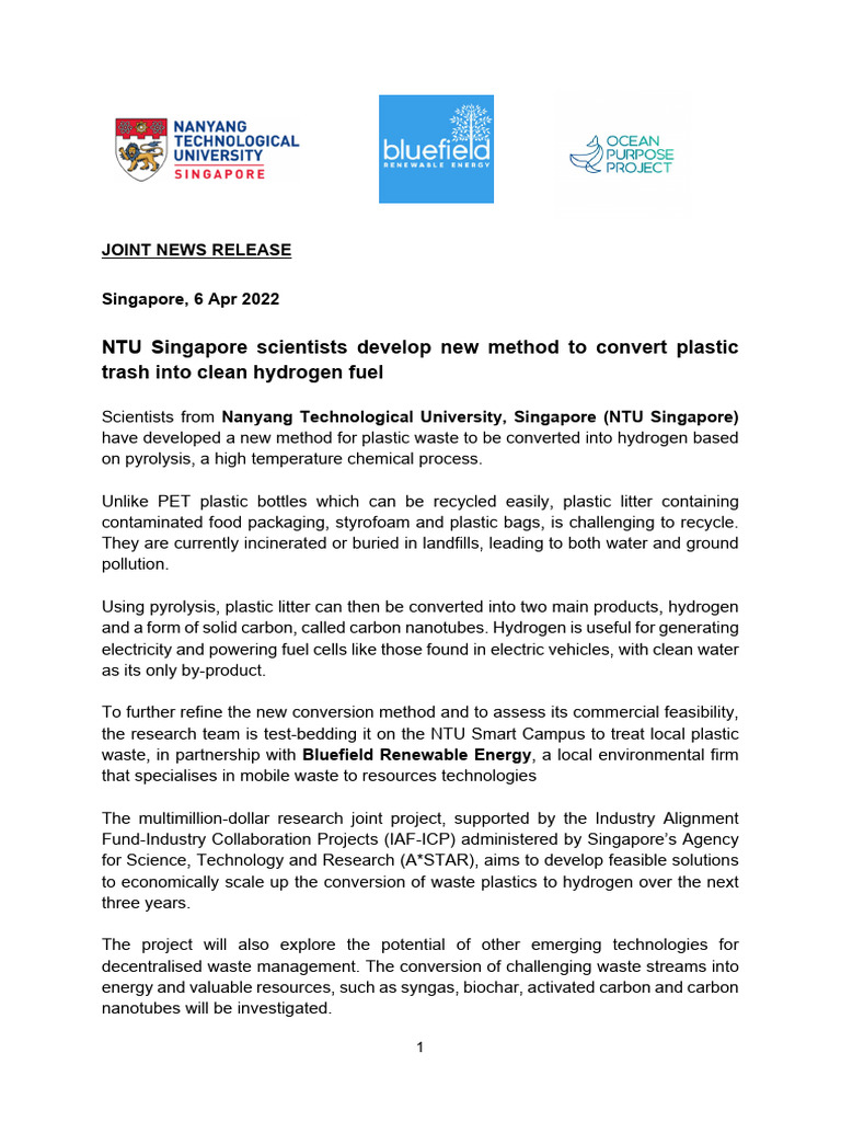 NTU Singapore Scientists Develop New Method To Convert Plastic Trash Into Clean Hydrogen Fuel ...