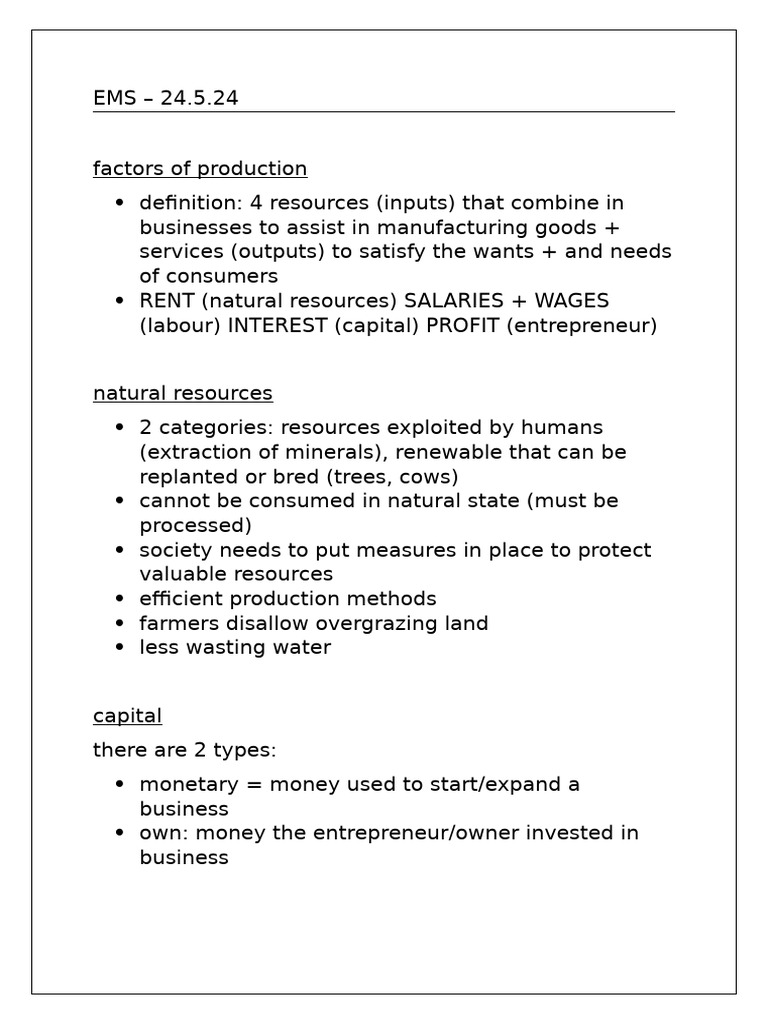 Ems Notes 25.5.24 | PDF | Entrepreneurship | Capital (Economics)