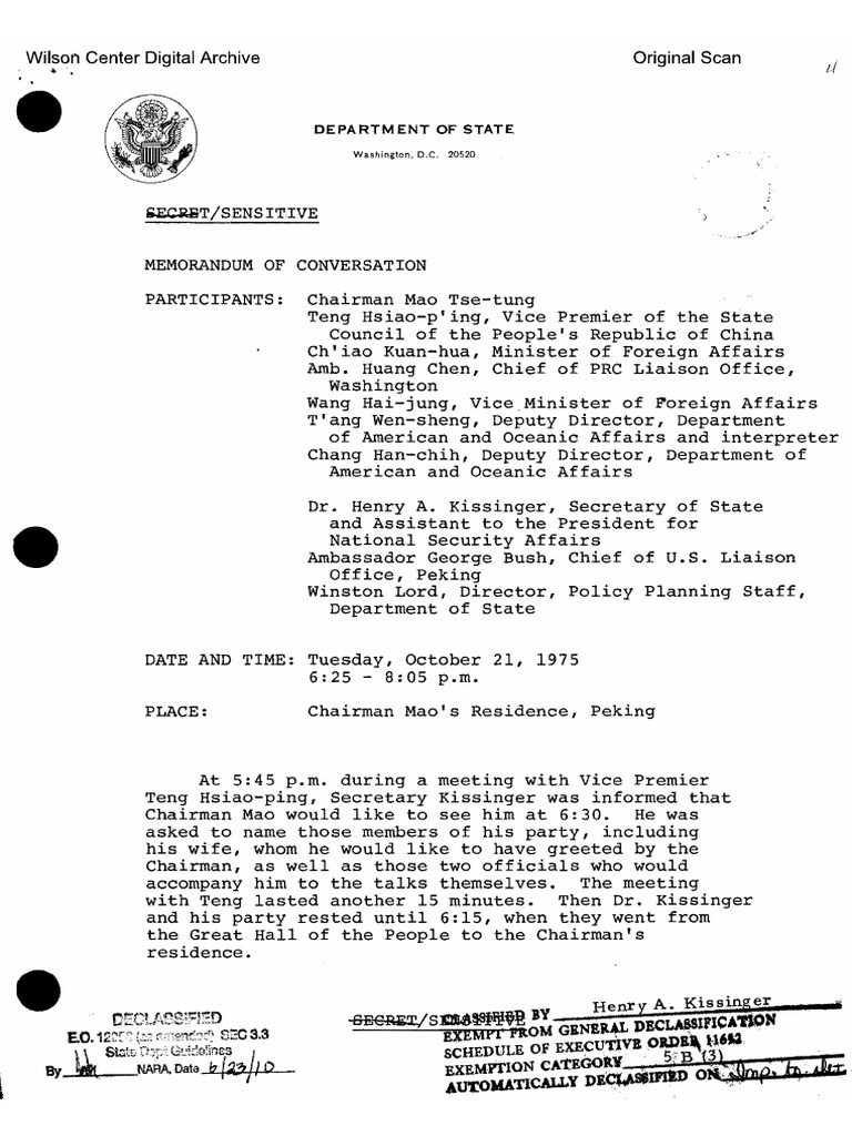 1975 Memorandum of Conversation Between Mao Zedong and Henry A ...