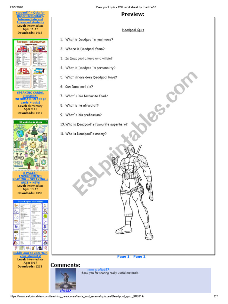 Deadpool Quiz - ESL Worksheet by Madron30 | PDF | Games & Activities ...