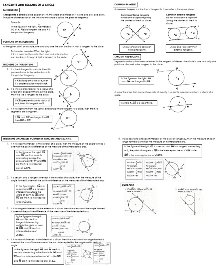 Tangent and Secant of A Circle Handout | PDF | Circle | Tangent