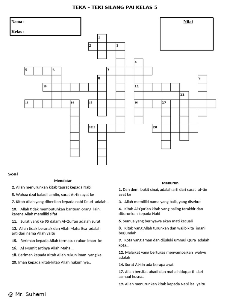 Teka-Teki Silang PAI Kelas 5 | PDF