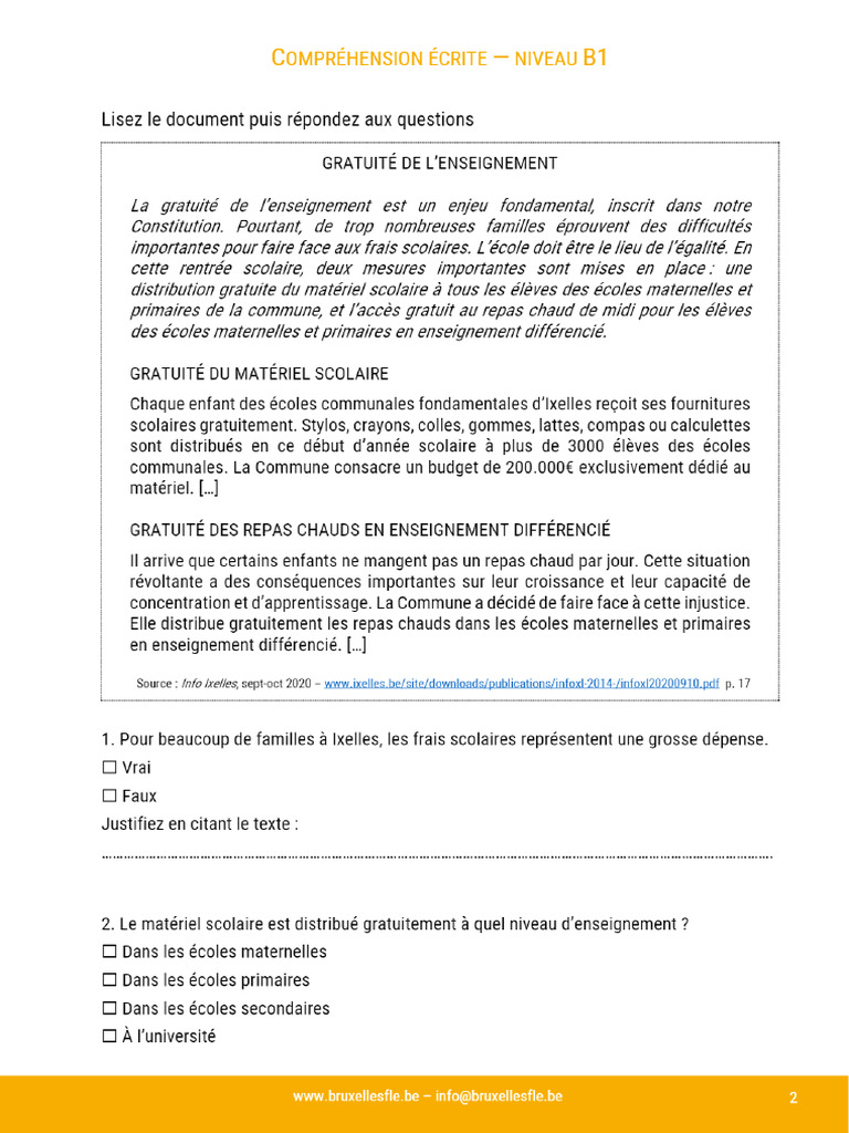 Comprendre Un Texte Informatif Sur La Gratuité de L'enseignement ...