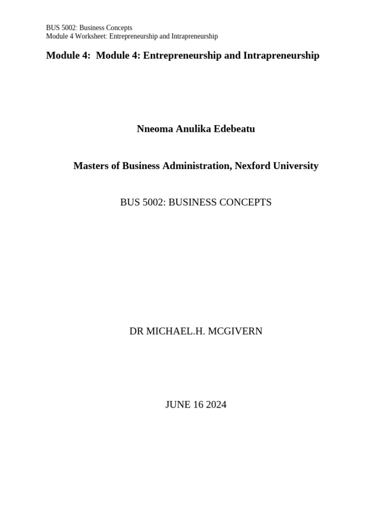 BUS 5002 MODULE 4 Worksheet ENTREPRENEURSHIP | PDF | Entrepreneurship | Business
