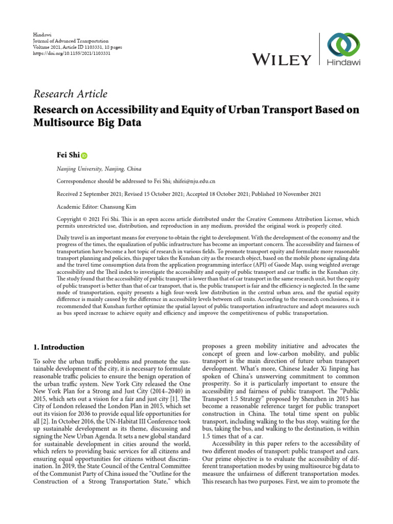 (2021) Journal of Advanced Transportation, Shi, F | PDF | Gini ...